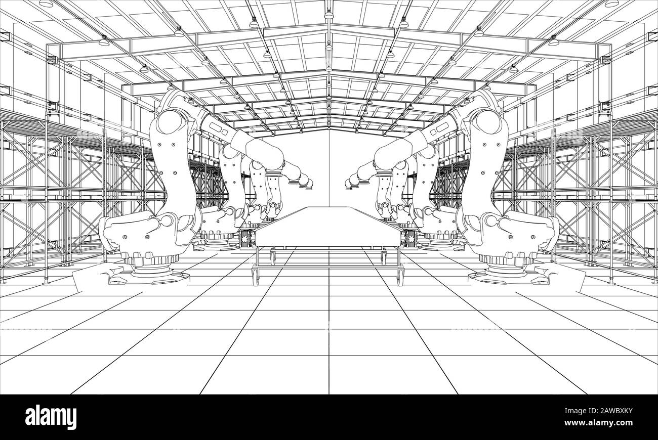 A plant with industral robots manipulators. Blueprint style. Vector ...