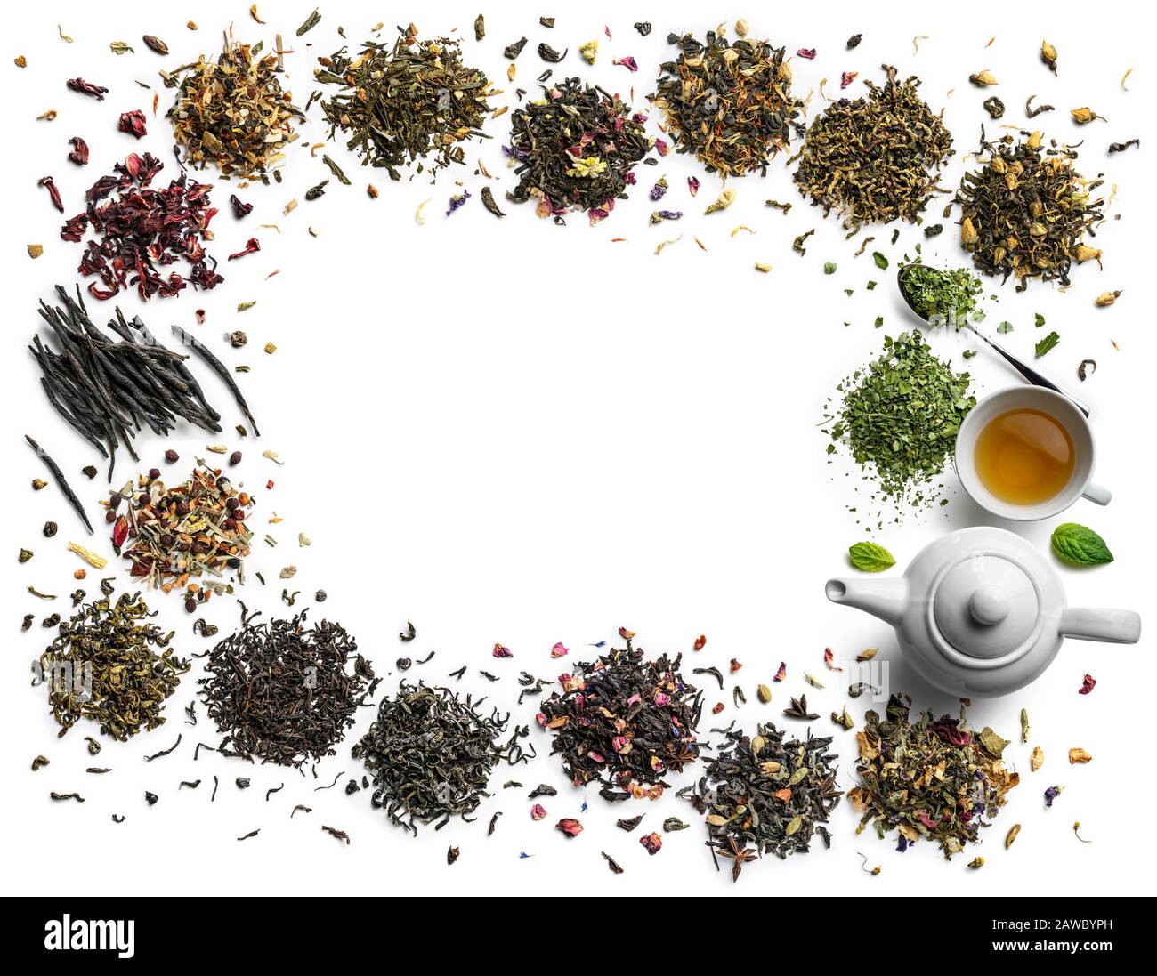 Large assortment of tea on a white background. The view from the top ...
