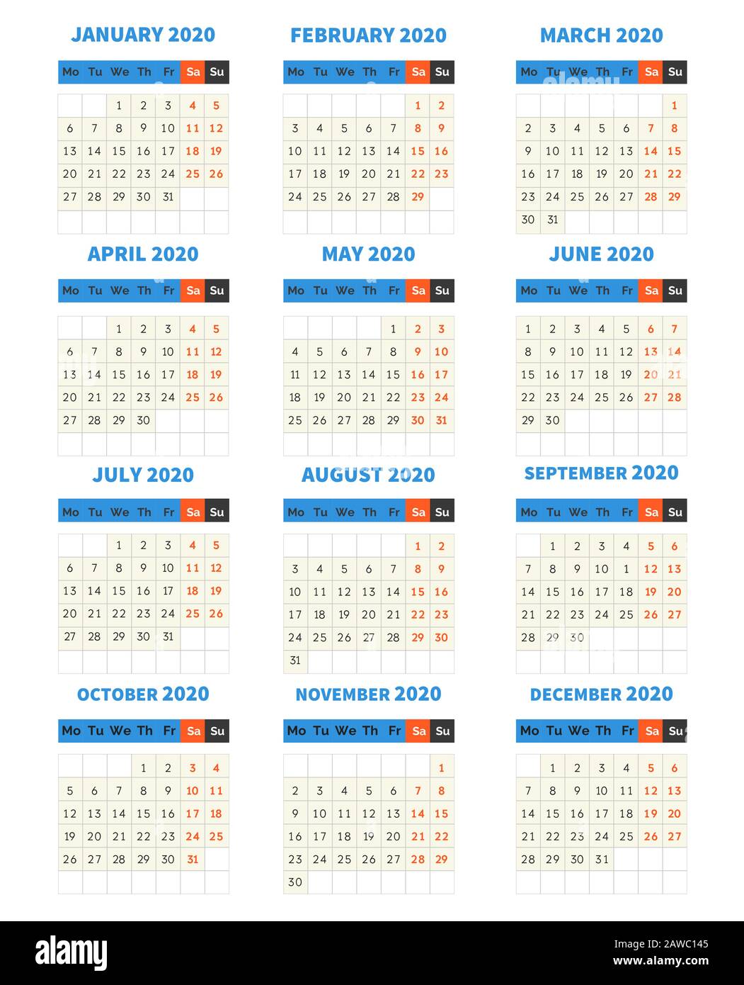 2020 year calendar monthly classic style template in blue Stock Vector ...