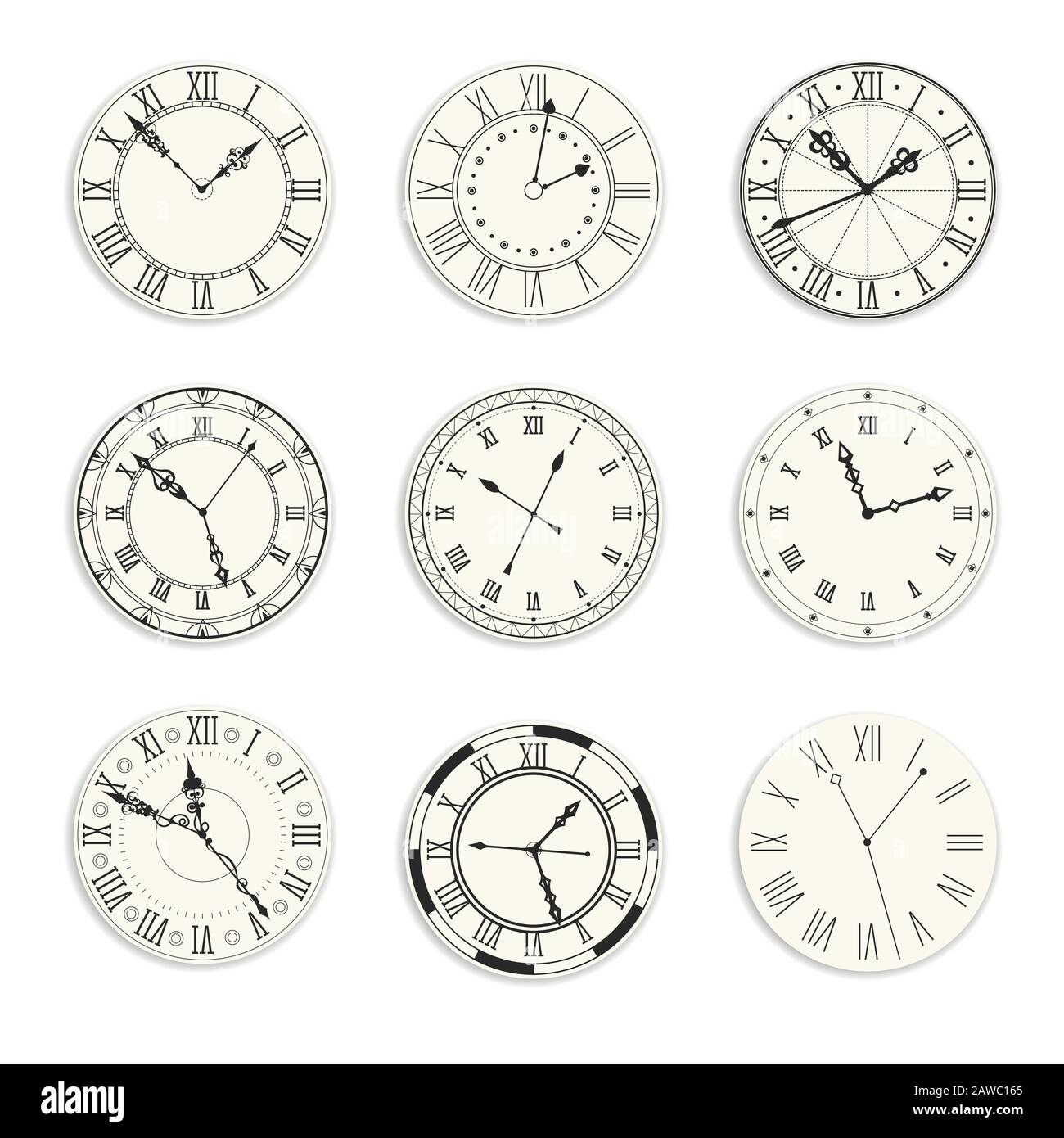 Vintage clock dials isolated icons, New Year symbol Stock Vector Image ...