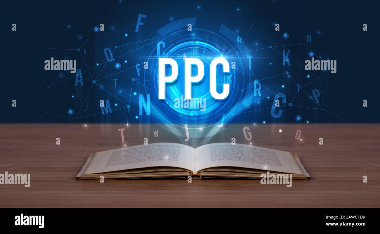 PPC inscription coming out from an open book, digital technology ...