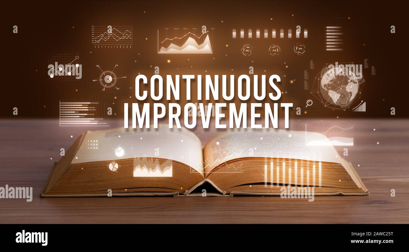 CONTINUOUS IMPROVEMENT inscription coming out from an open book ...