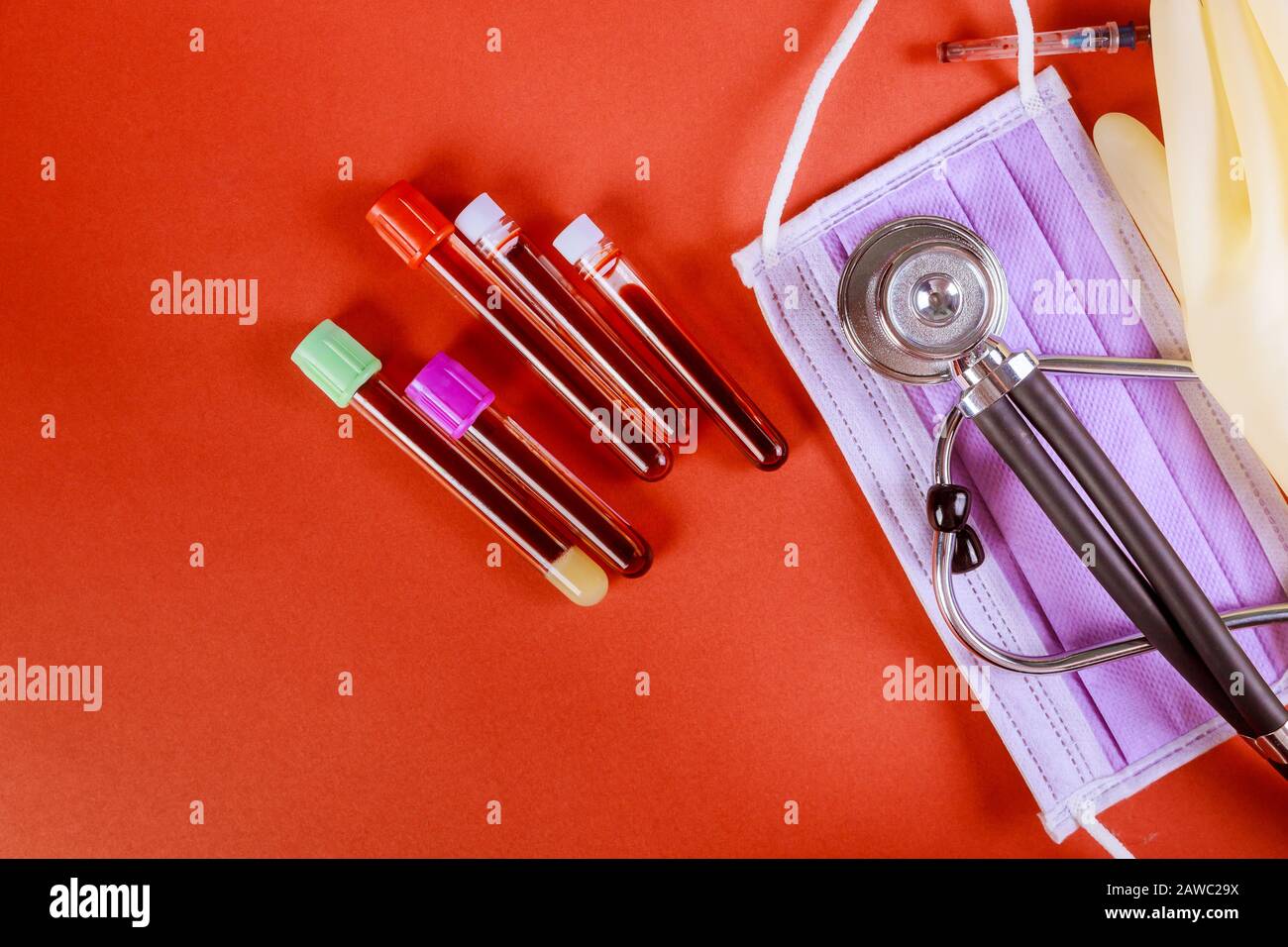 Laboratory table with medical test tube with blood for atypical ...