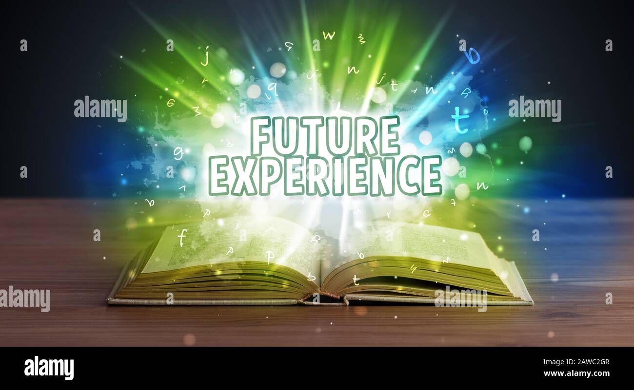 FUTURE EXPERIENCE inscription coming out from an open book, educational ...