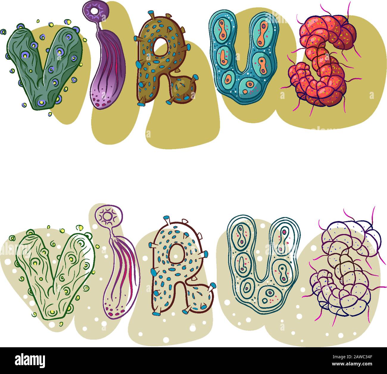 Virus words set compound from cartoon virus cells. Colored concept ...
