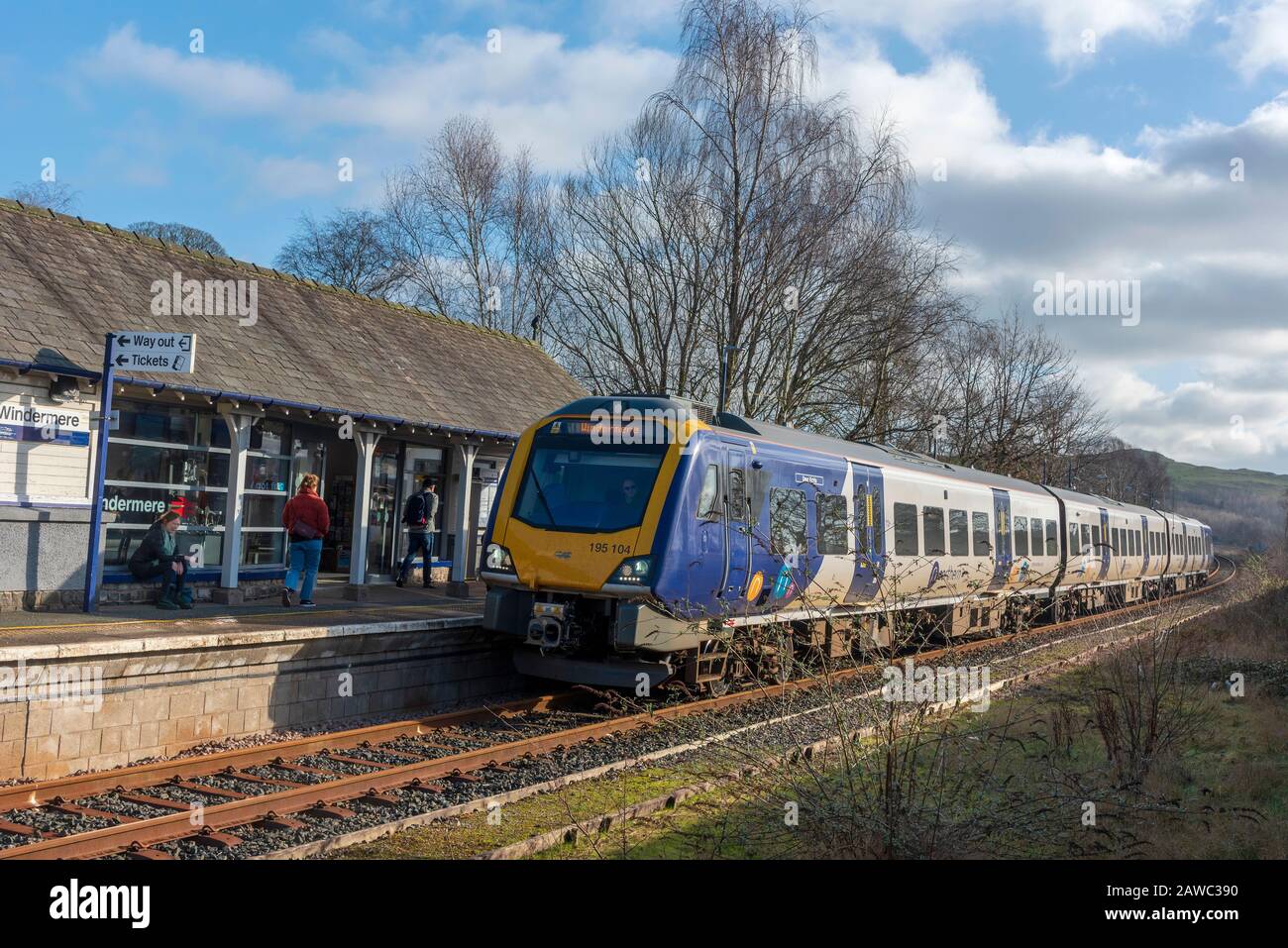 Class 195 diesel train arrives at Windermere station. Lake district ...