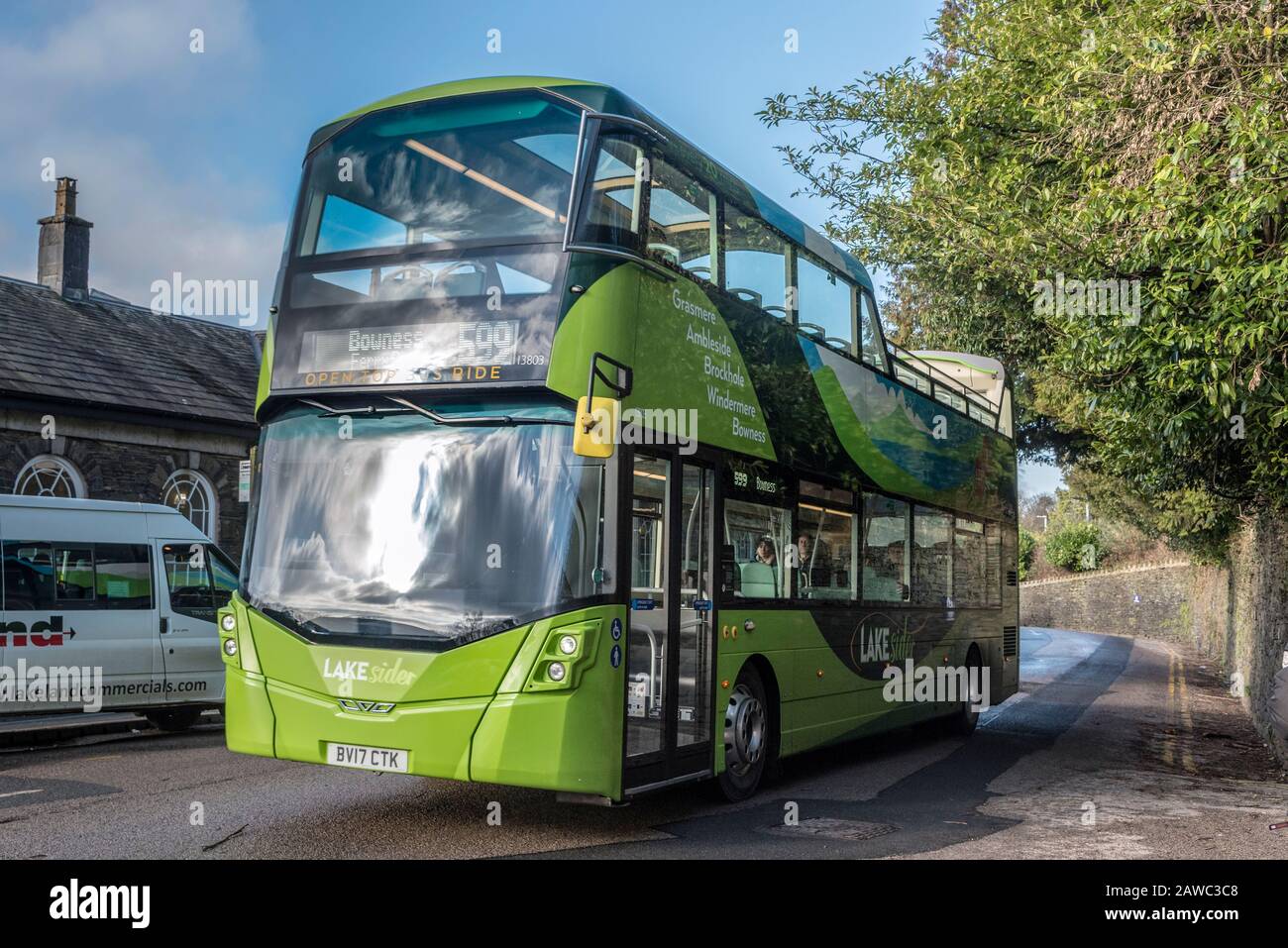 Open topped bus the Lakesider at Windermere. The Lake district Stock ...