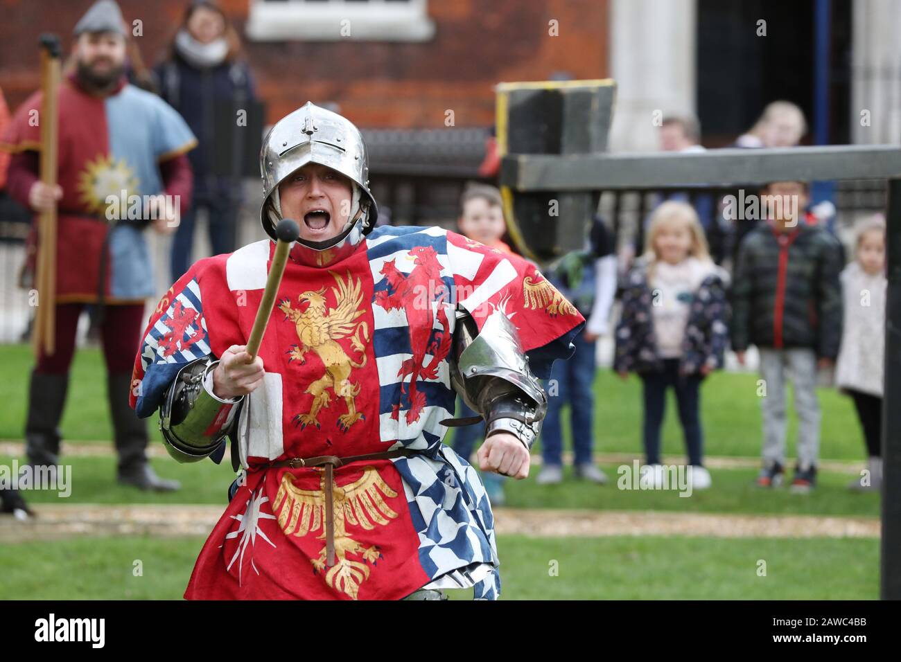 A reenactor dressed as Sir Anthony Woodbridge demonstrates the art of ...