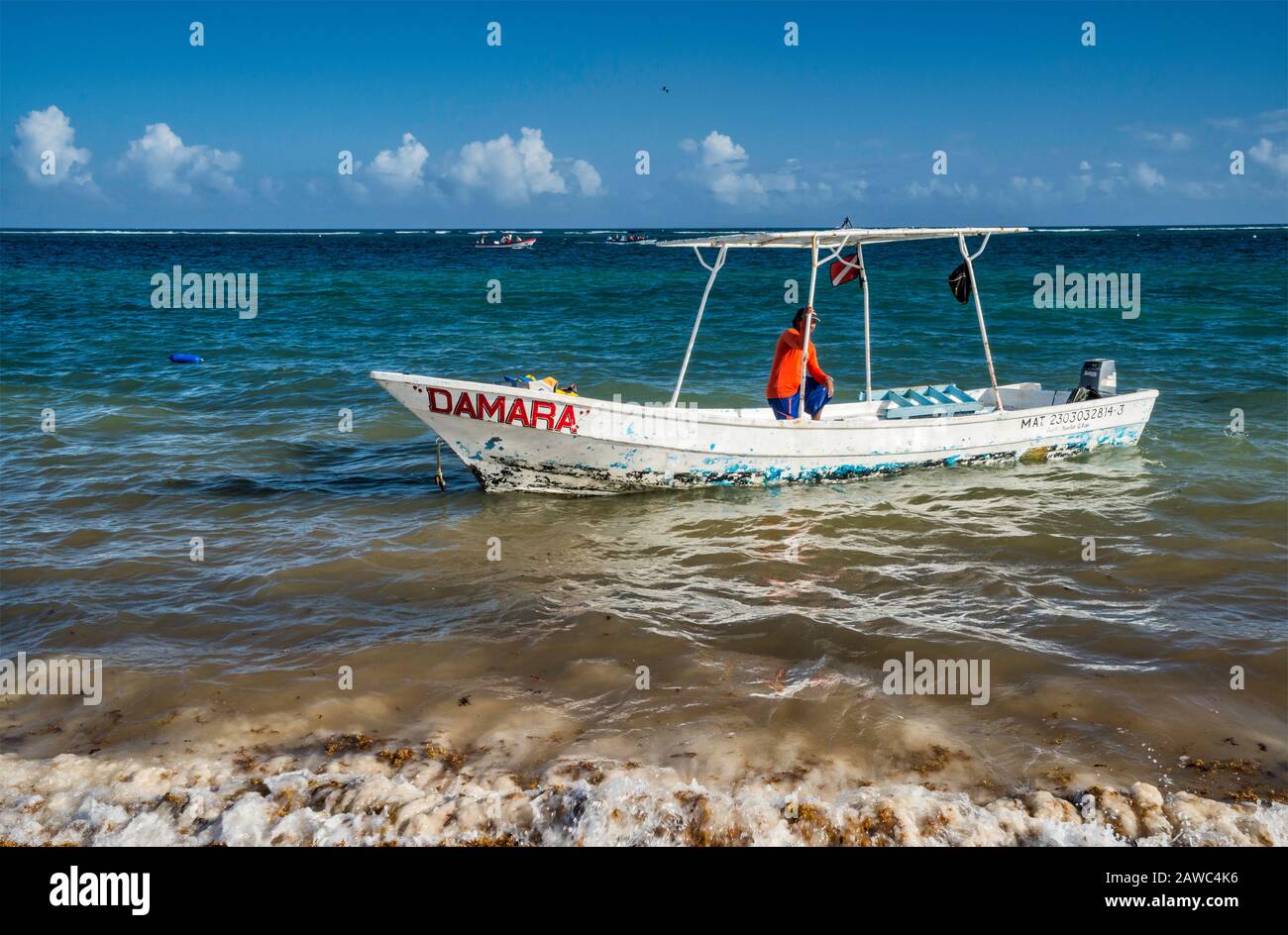 Fishing boat, Caribbean Sea coast in Puerto Morelos, Riviera Maya ...