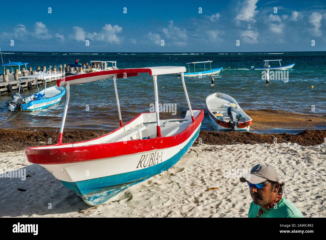 Fishing boats, Caribbean Sea coast in Puerto Morelos, Riviera Maya ...