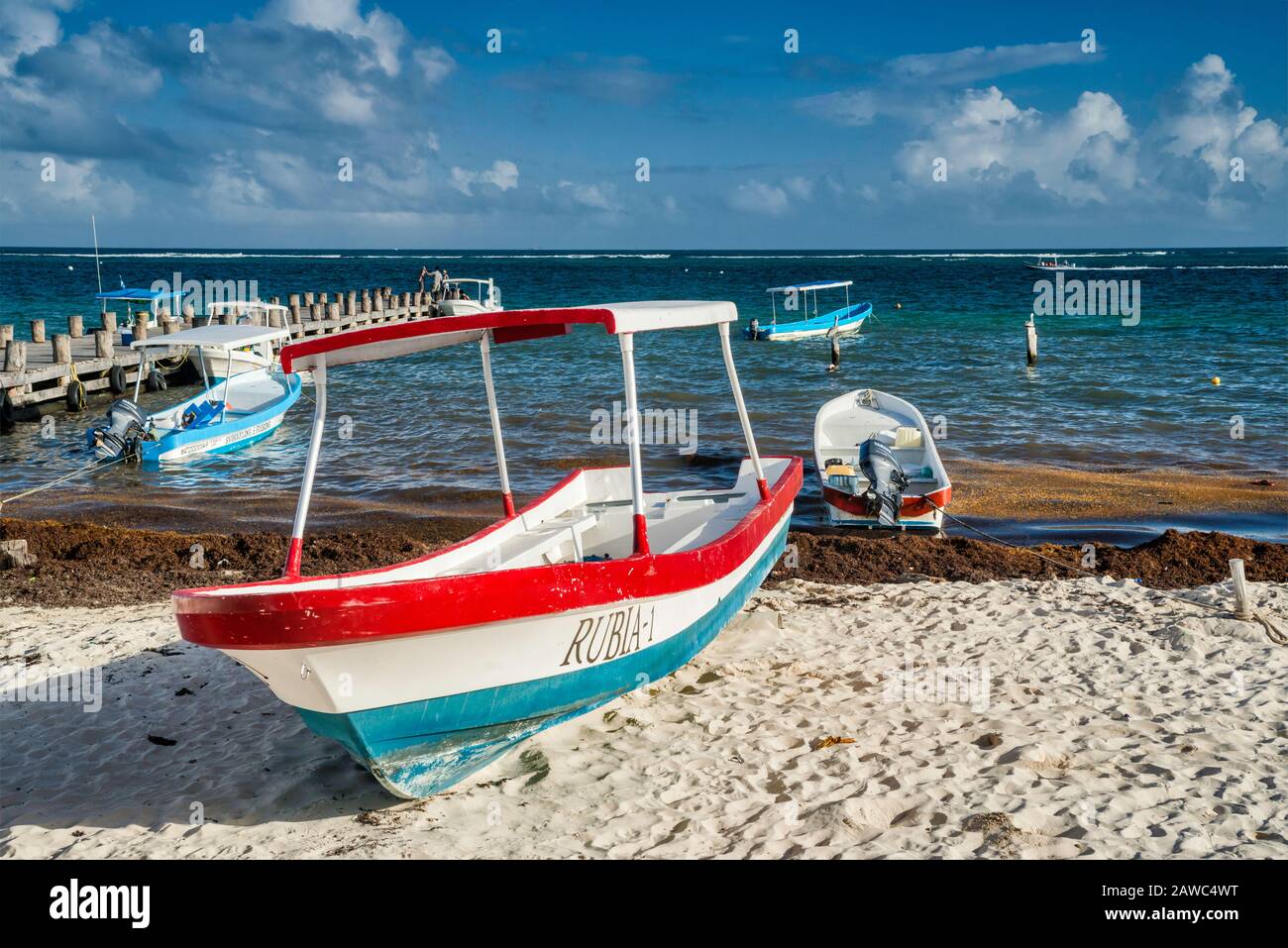 Fishing boats, Caribbean Sea coast in Puerto Morelos, Riviera Maya ...