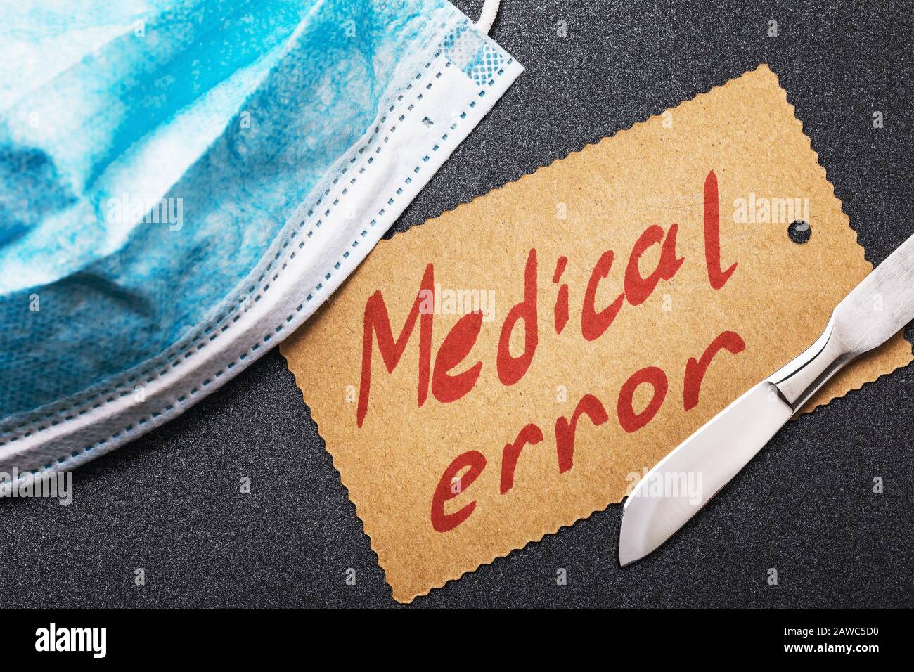 Mask, scalpel and sheet of paper with text. Medical error concept Stock ...