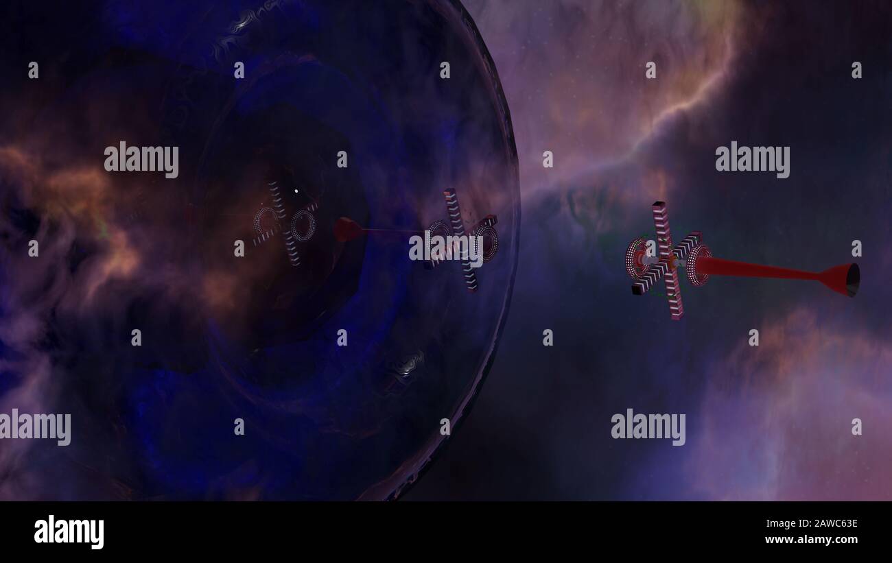 3D Illustration of an alien spaceship time travel through a wormhole ...
