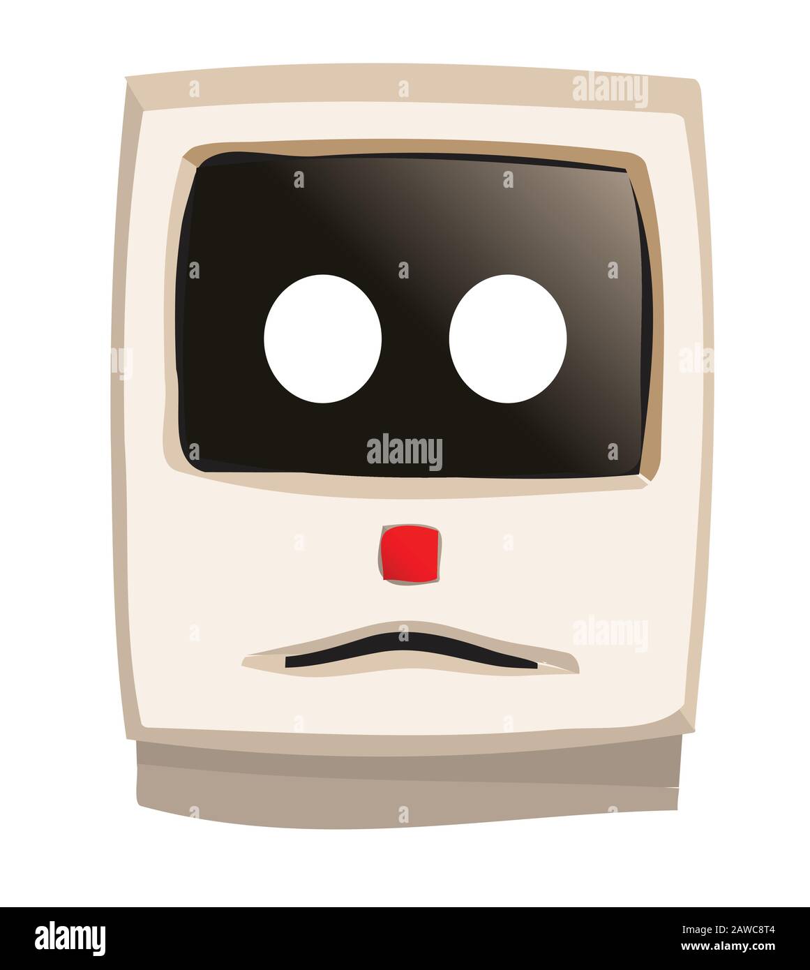 Early years desk top beige computer with sad face on a white background ...