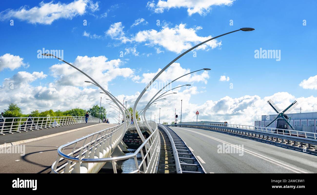 Modern movable transport bridge in the village of Zaanse Schans, the ...