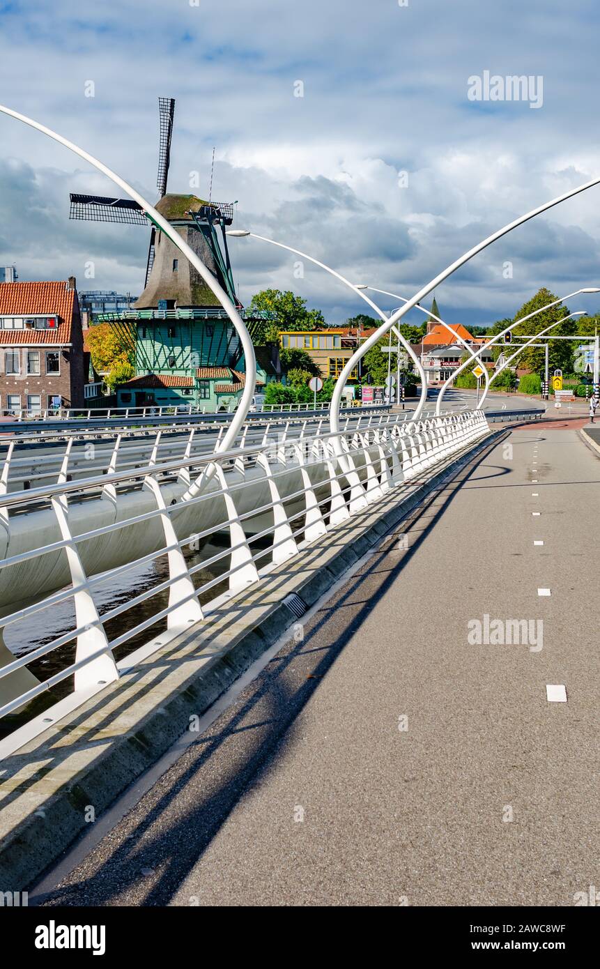 Modern movable transport bridge in the village of Zaanse Schans, the ...