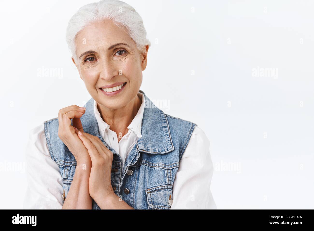 Close-up portrait pleasant, charming old modern lady, senior woman with ...