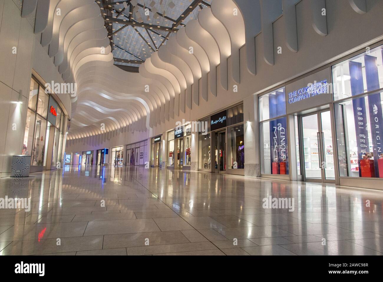 An empty shopping mall in the interior of the O2 Millennium Dome in ...