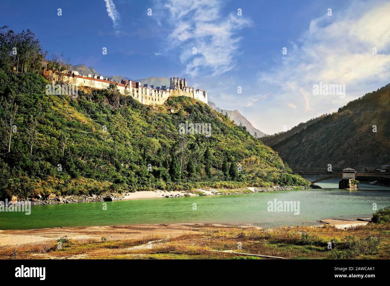 The fire damaged Wangdue Phodrang Dzong (fort) on the Punak Tsang Chhu ...