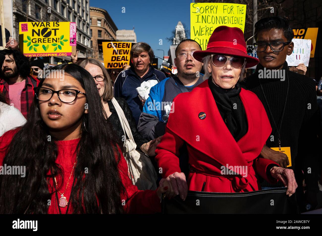 Actress and activist Jane Fonda (C) leads a Fire Drill Friday's climate ...