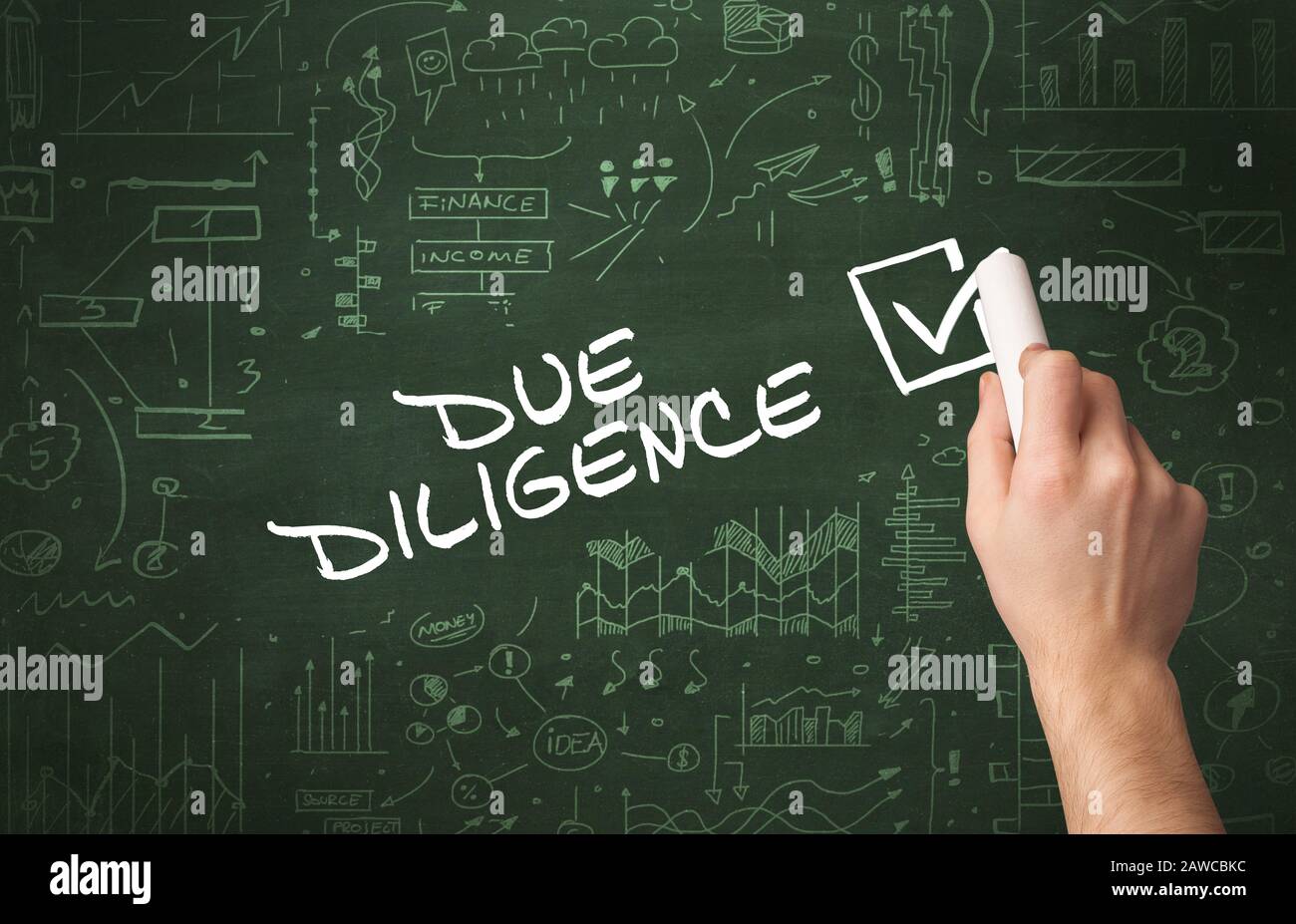 Hand drawing DUE DILIGENCE inscription with white chalk on blackboard ...