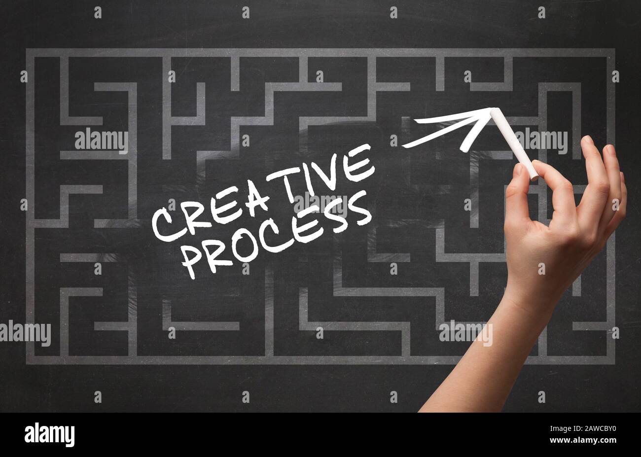Hand drawing CREATIVE PROCESS inscription with white chalk on ...