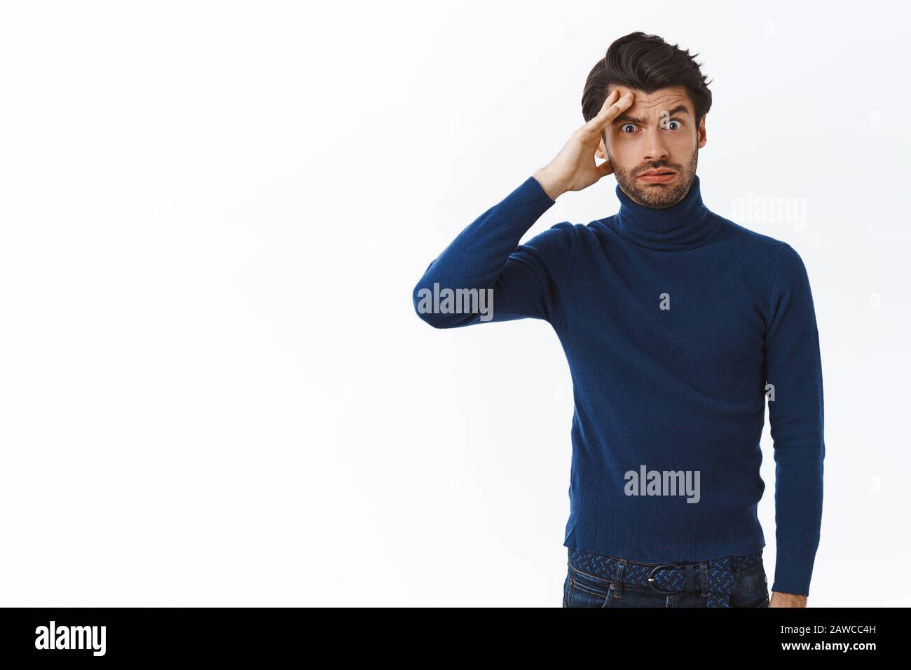 Phew, what a day. Tired distressed handsome bearded man in stylish high ...