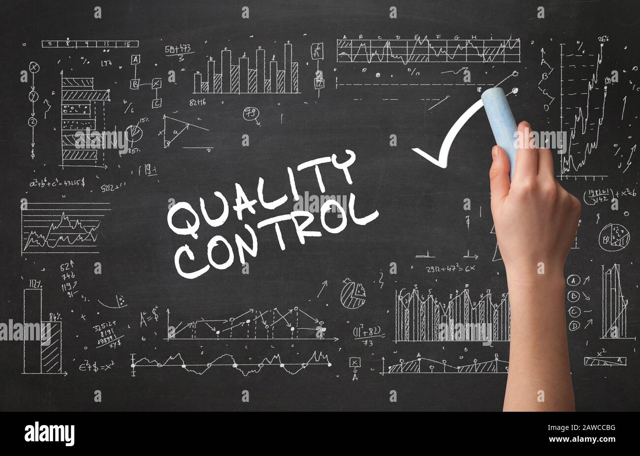 Hand drawing QUALITY CONTROL inscription with white chalk on blackboard ...