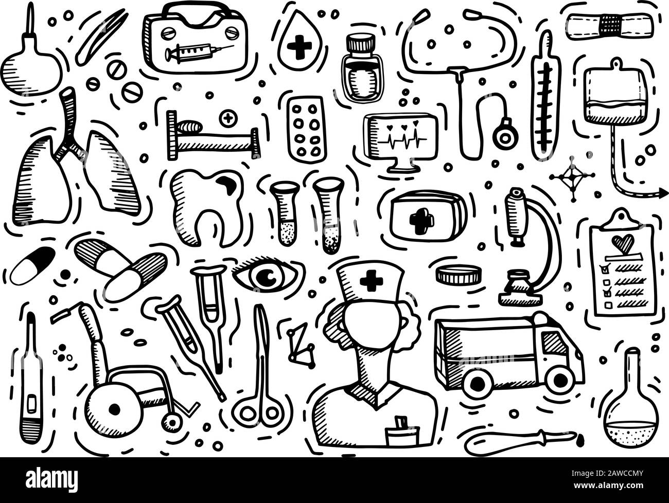 Big medical set in doodle style isolated. Vector outline illustration ...
