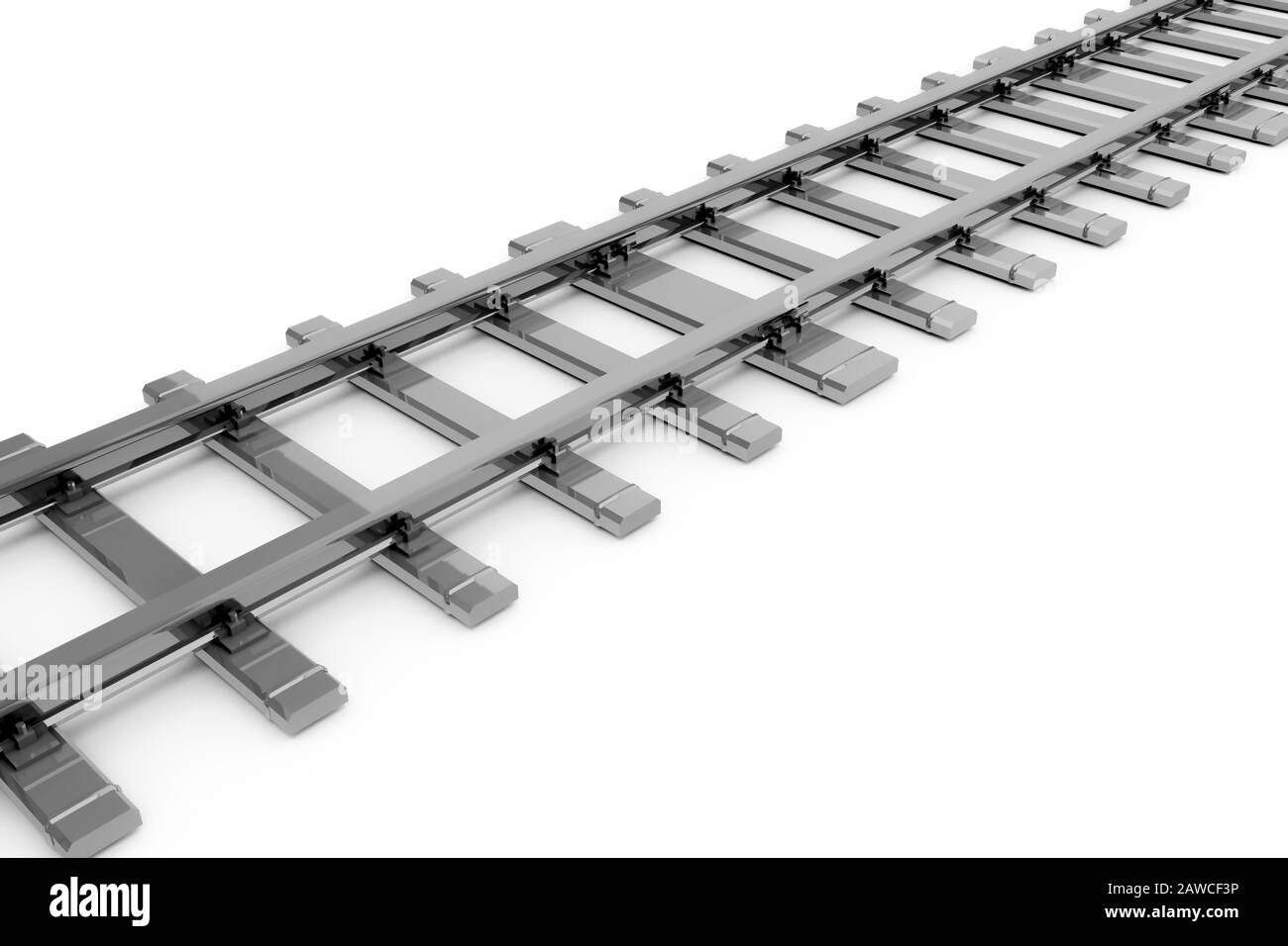 3d rendering, close up view of steel railway railroad tracks, isolated ...