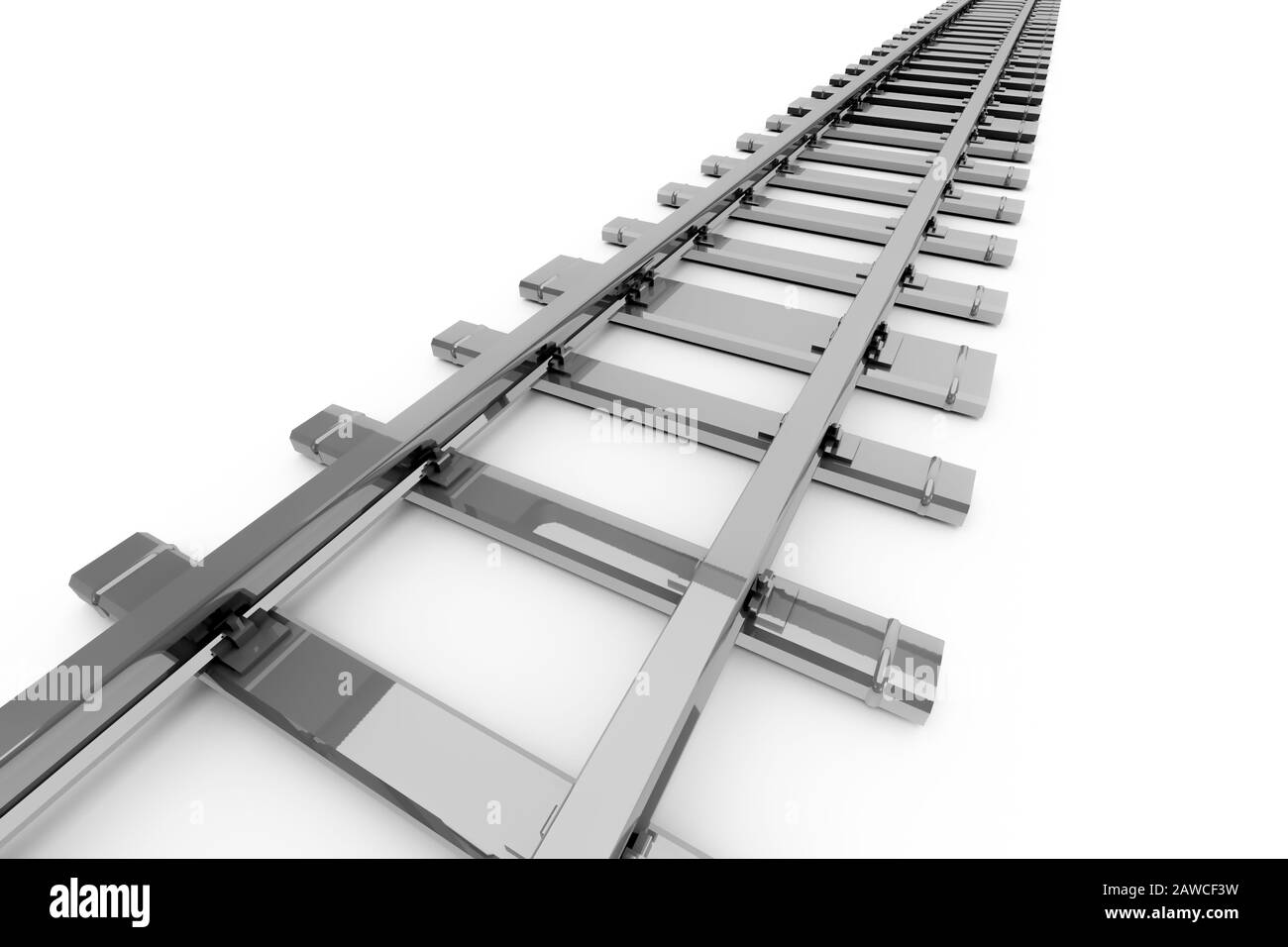 3d rendering, close up view of steel railway railroad tracks, isolated ...