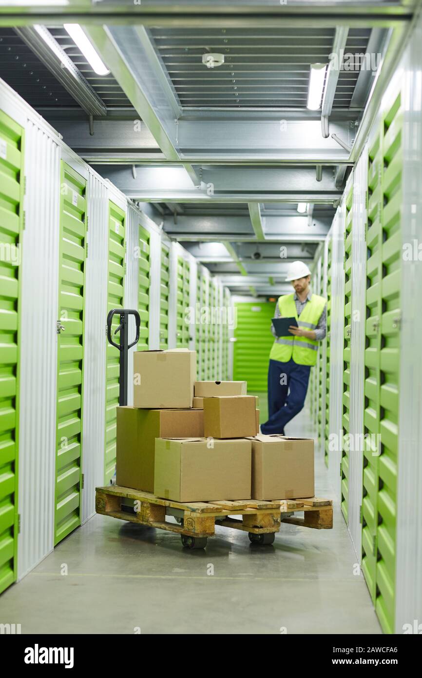 Manual worker standing near the cart with cardboard boxes and examining ...