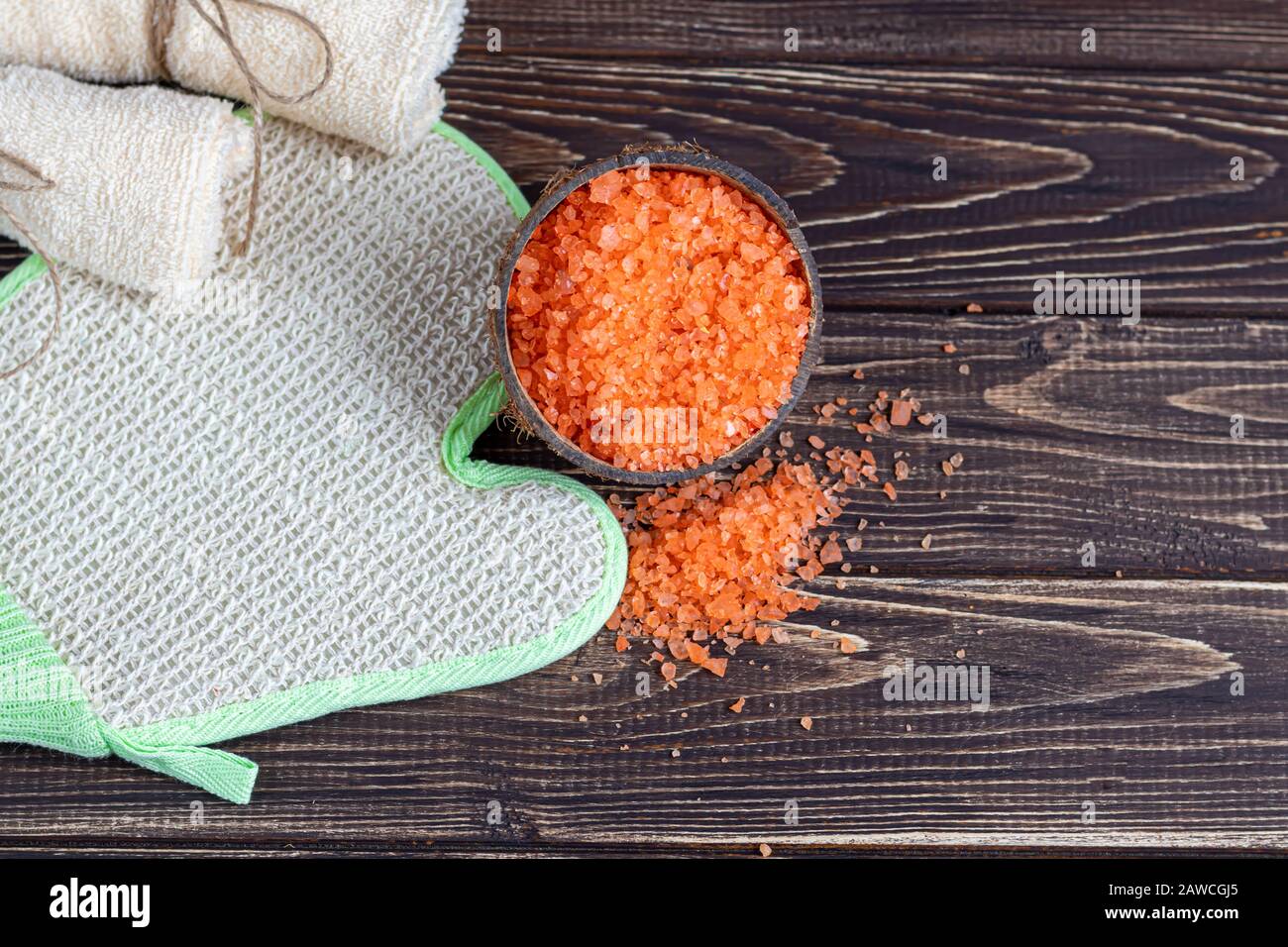 The concept of spa treatment, with natural, fragrant sea two-tone bath ...