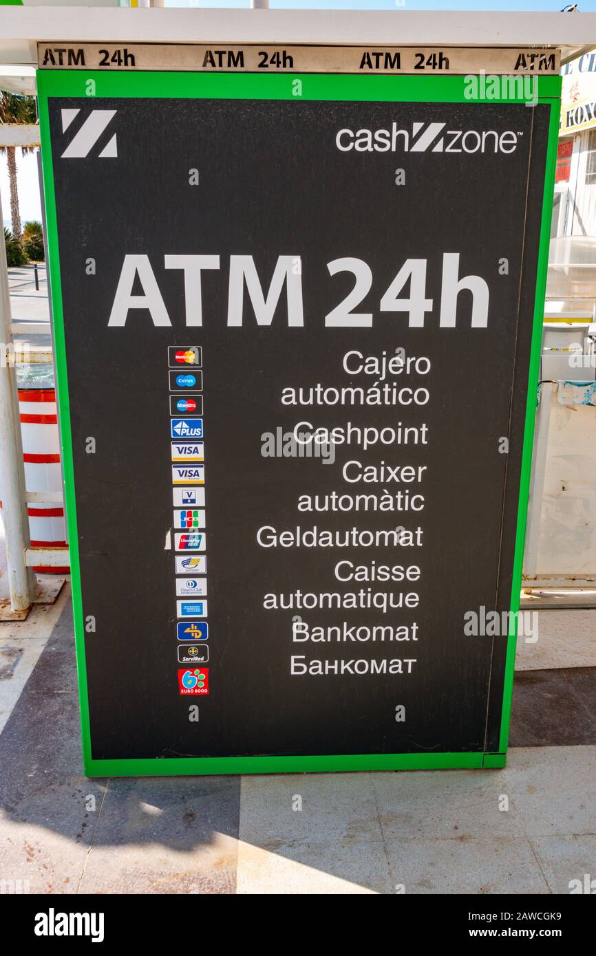 24 hour ATM machine, cash zone, in several languages, Vilajoyosa ...