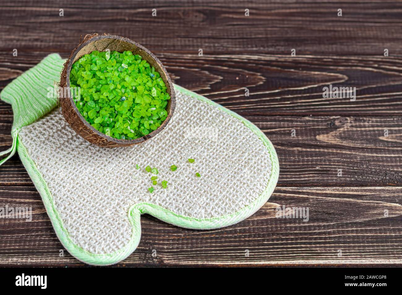 The concept of spa treatment, with natural, fragrant sea two-tone bath ...