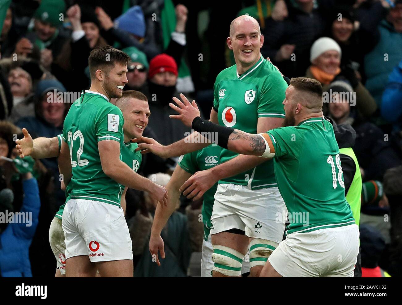 Ireland's Andrew Conway (2nd left) celebrates after scoring his side's ...