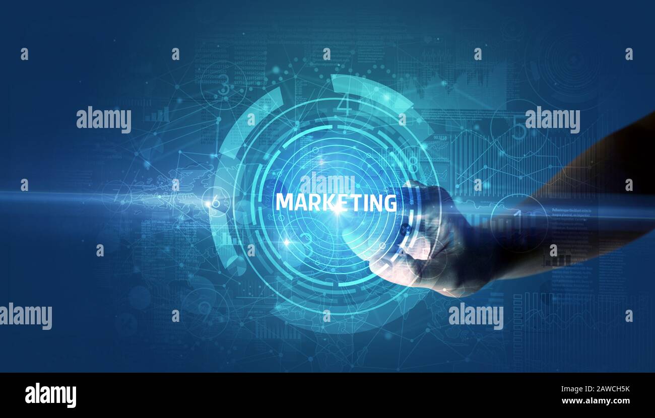 Hand touching MARKETING button, modern business technology concept ...