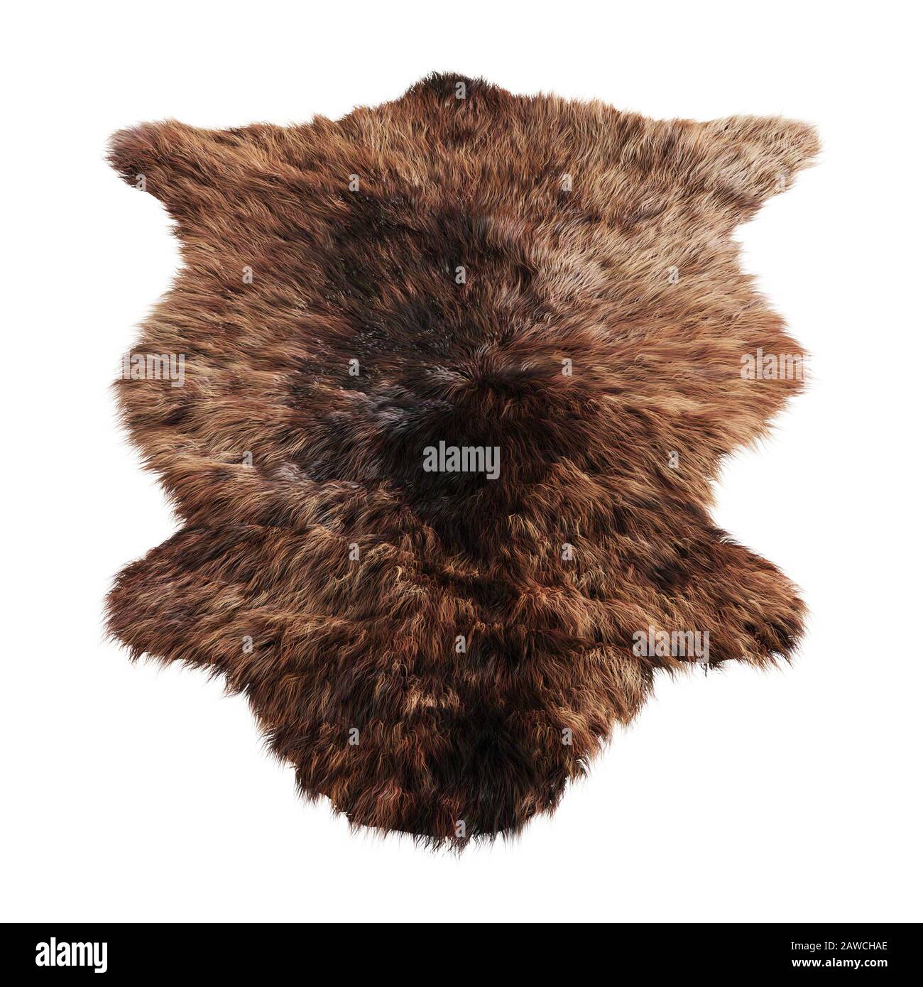 Dark brown decor skin of a sheepskin wool rug on white background. 3D ...