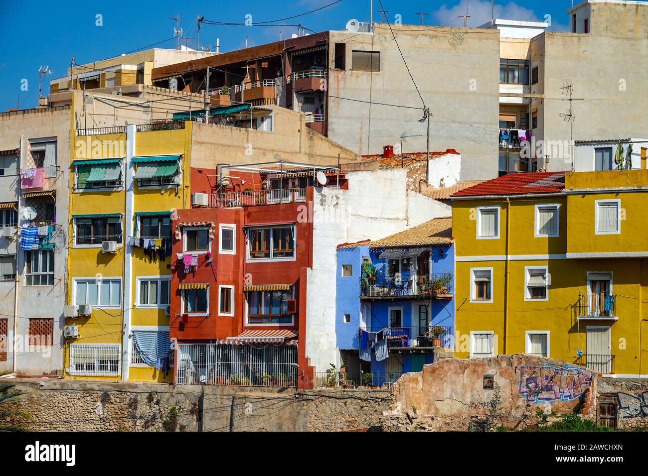The famous coloured colourful houses of Villajoyosa, Costa Blanca ...