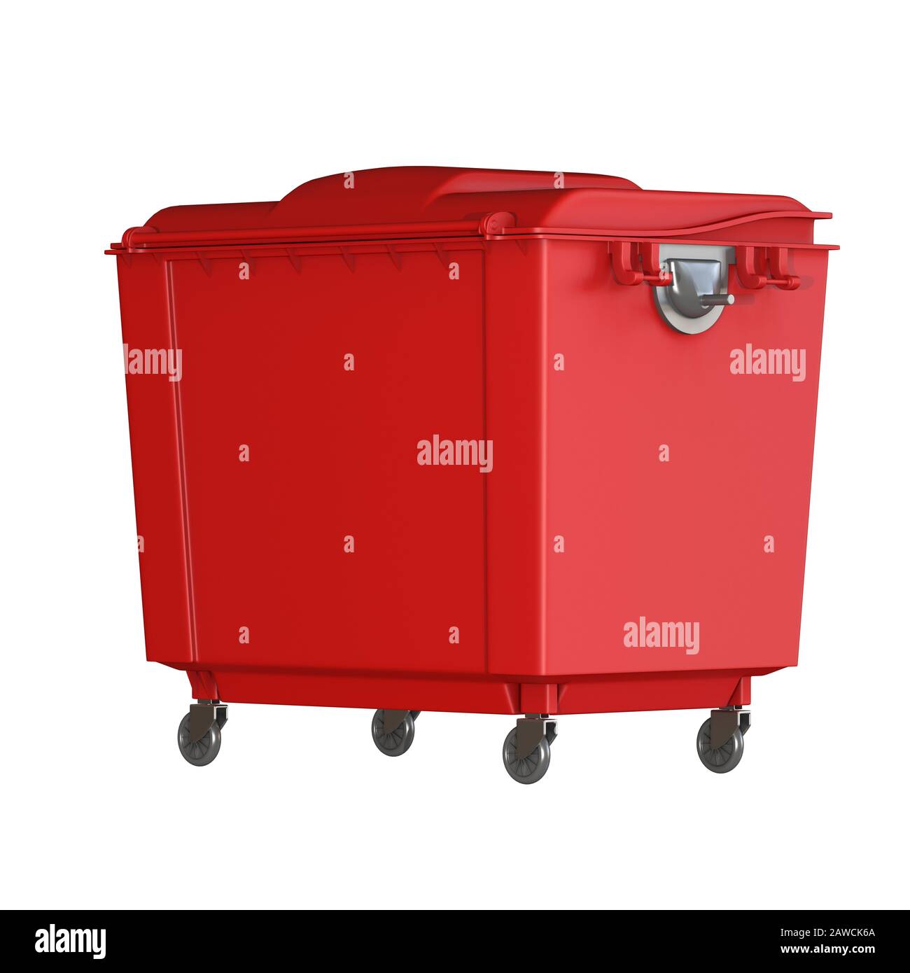 A red garbage container on a white background. Isolate. 3D rendering of ...