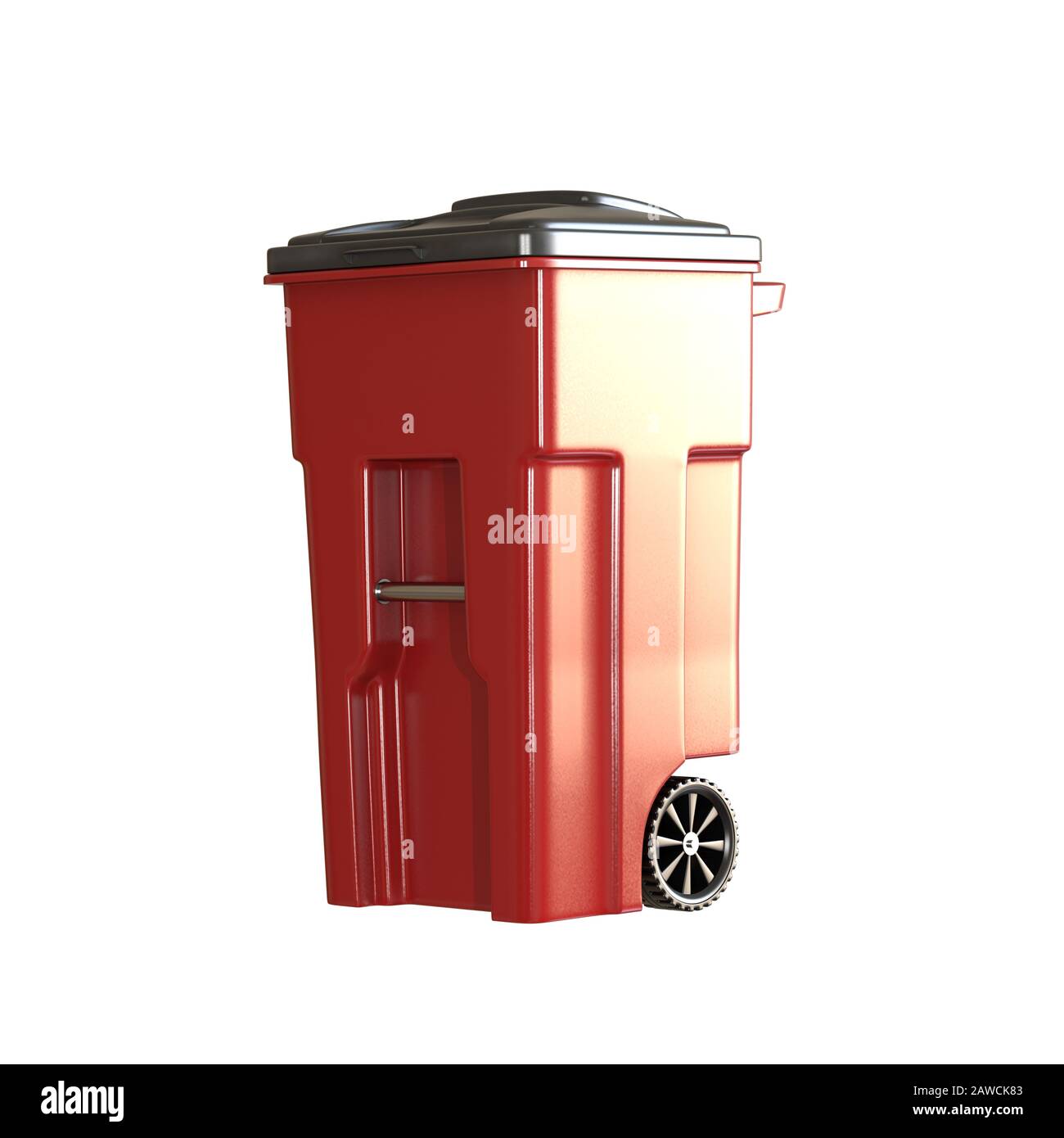 A red garbage container on a white background. Isolate. 3D rendering of ...
