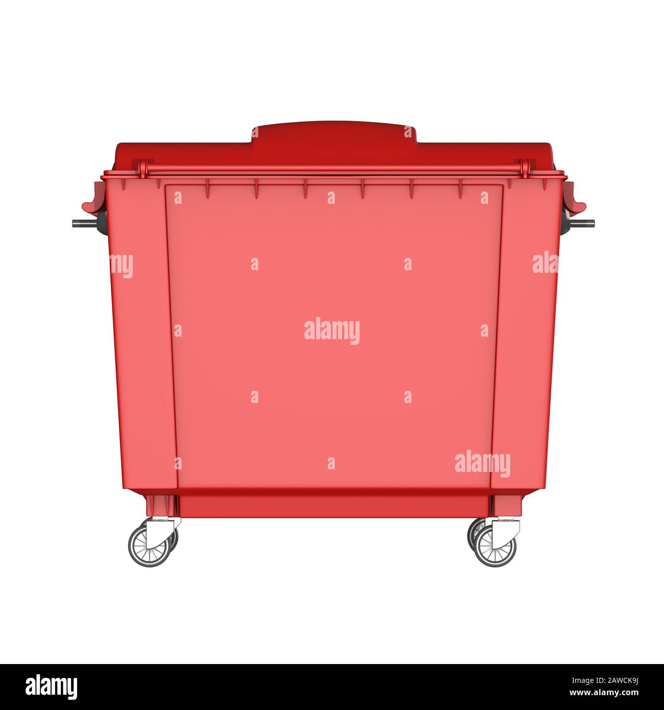 A red garbage container on a white background. Isolate. 3D rendering of ...