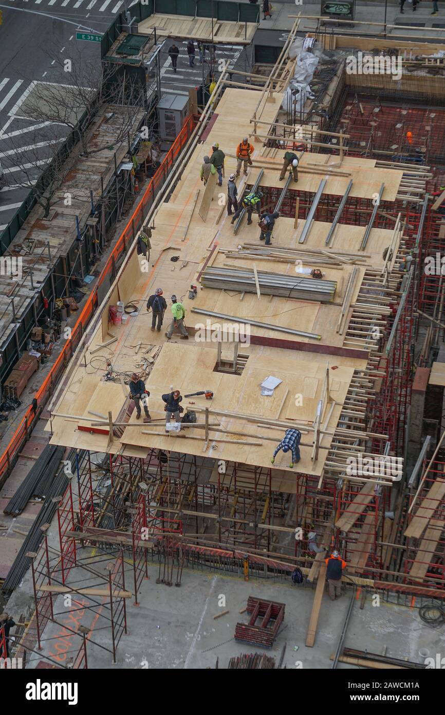 New York, New York: Aerial view of men and materials during the ...