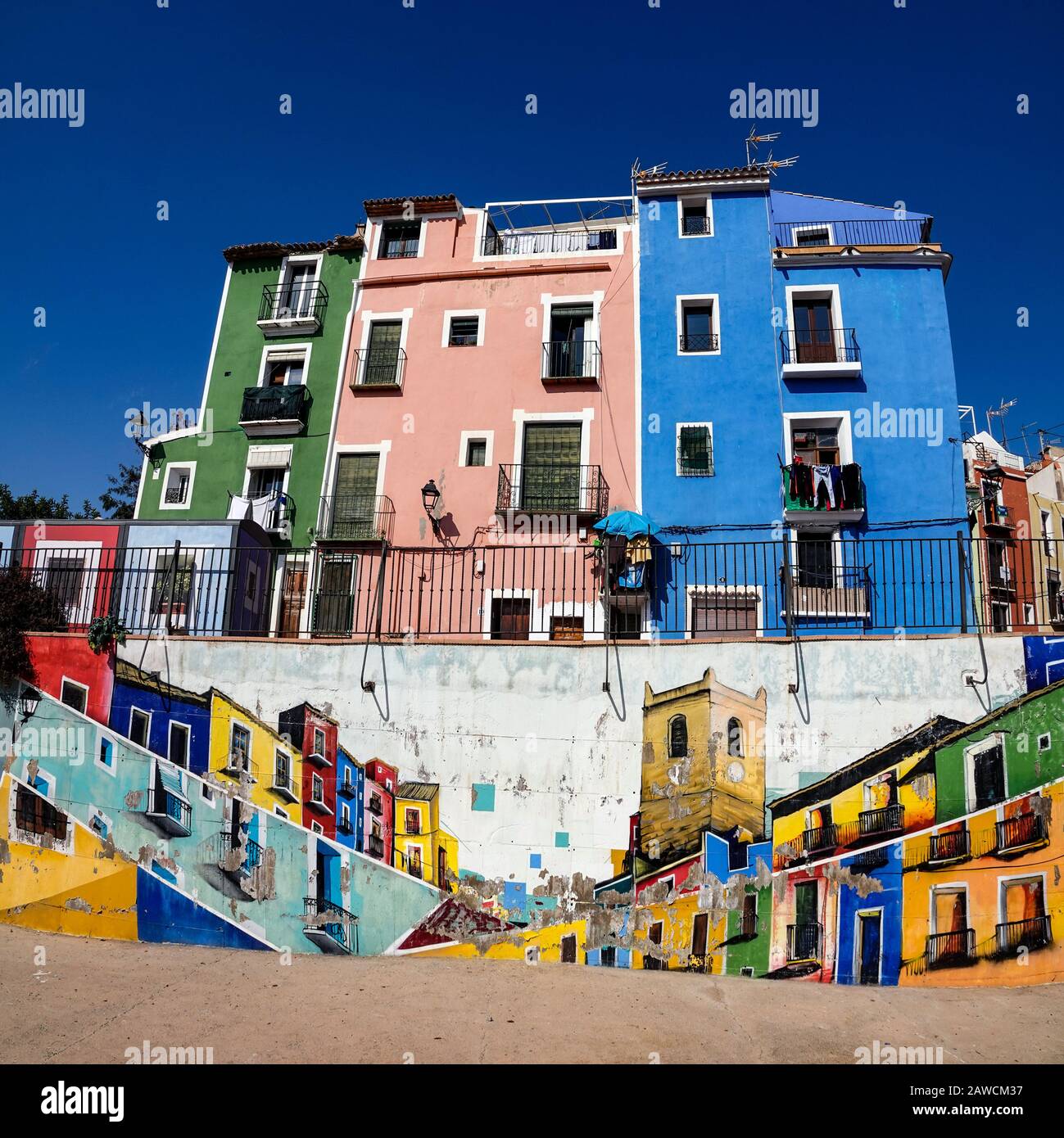 The famous coloured colourful houses of Villajoyosa, Costa Blanca ...
