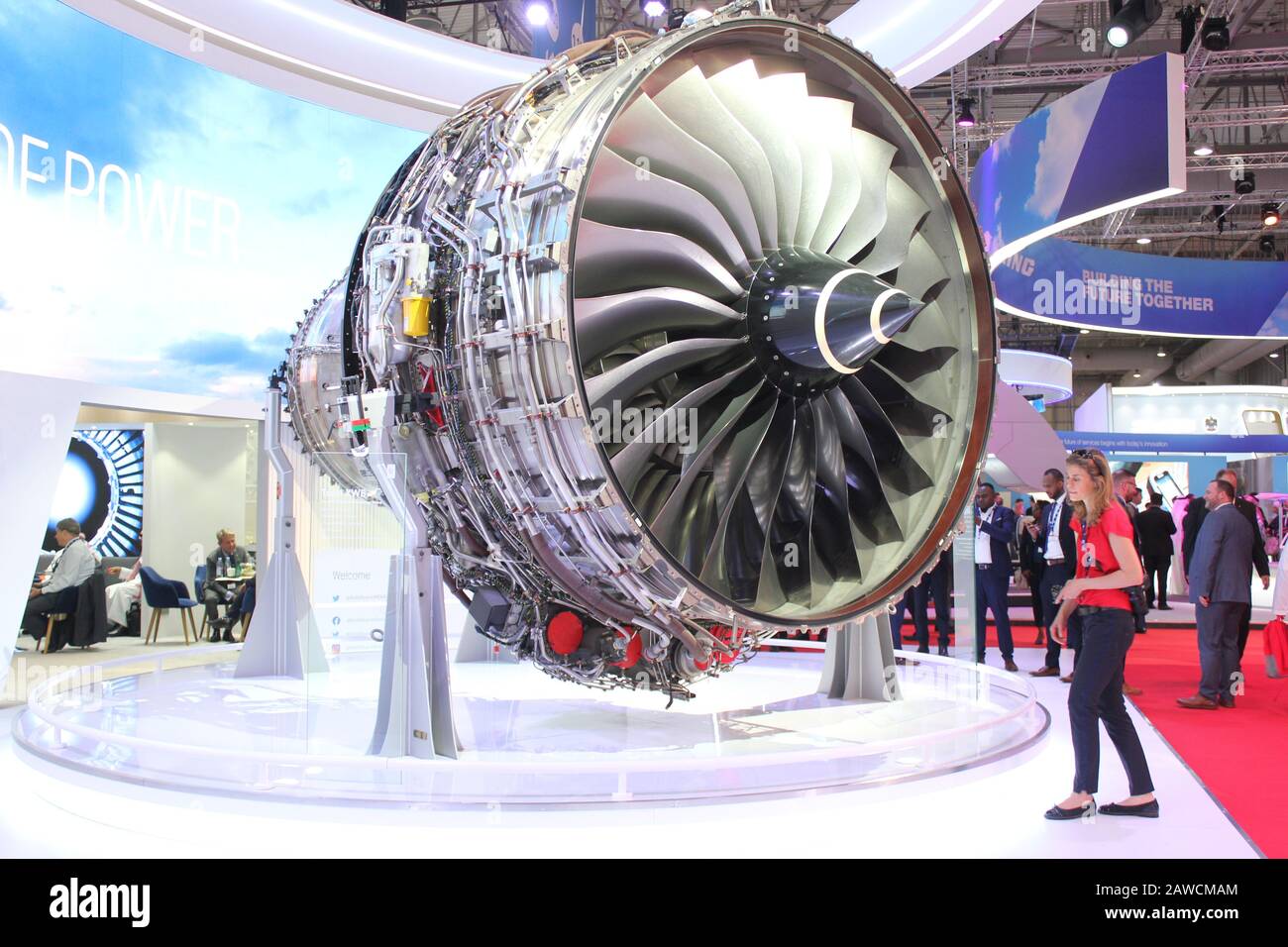 A mammoth Rolls-Royce jet engine on display at the 2019 Dubai Airshow ...