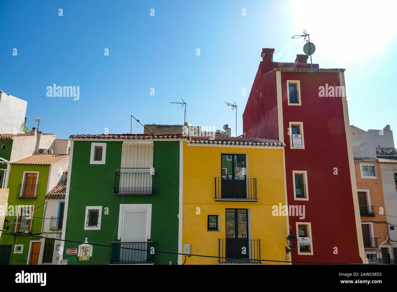 The famous coloured colourful houses of Villajoyosa, Costa Blanca ...