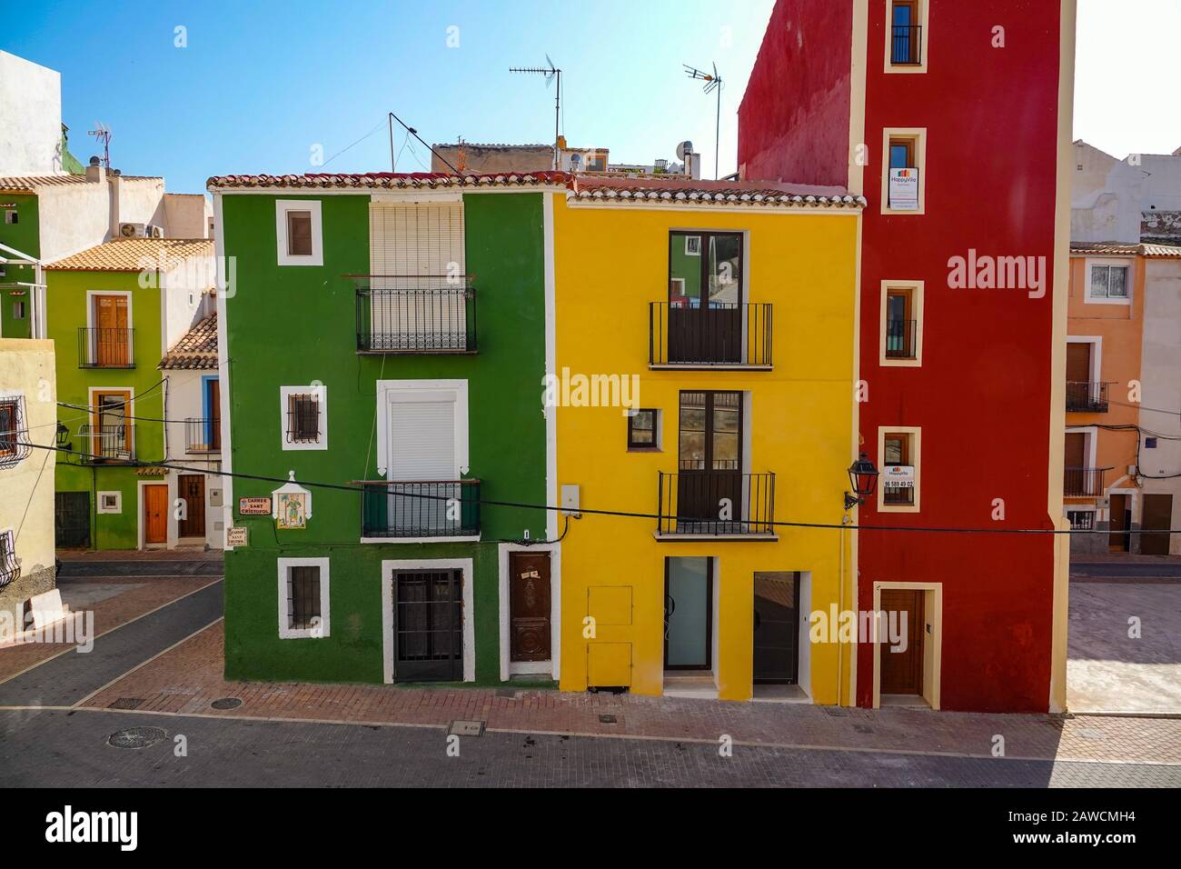 The famous coloured colourful houses of Villajoyosa, Costa Blanca ...