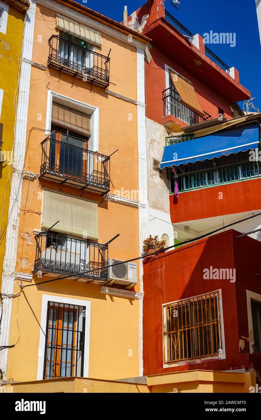 The famous coloured colourful houses of Villajoyosa, Costa Blanca ...