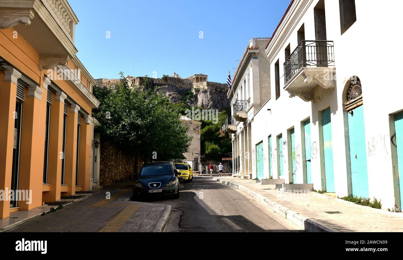 Athens, Greece - 7th July 2018:Peaceful courtyard in the Plaka before ...
