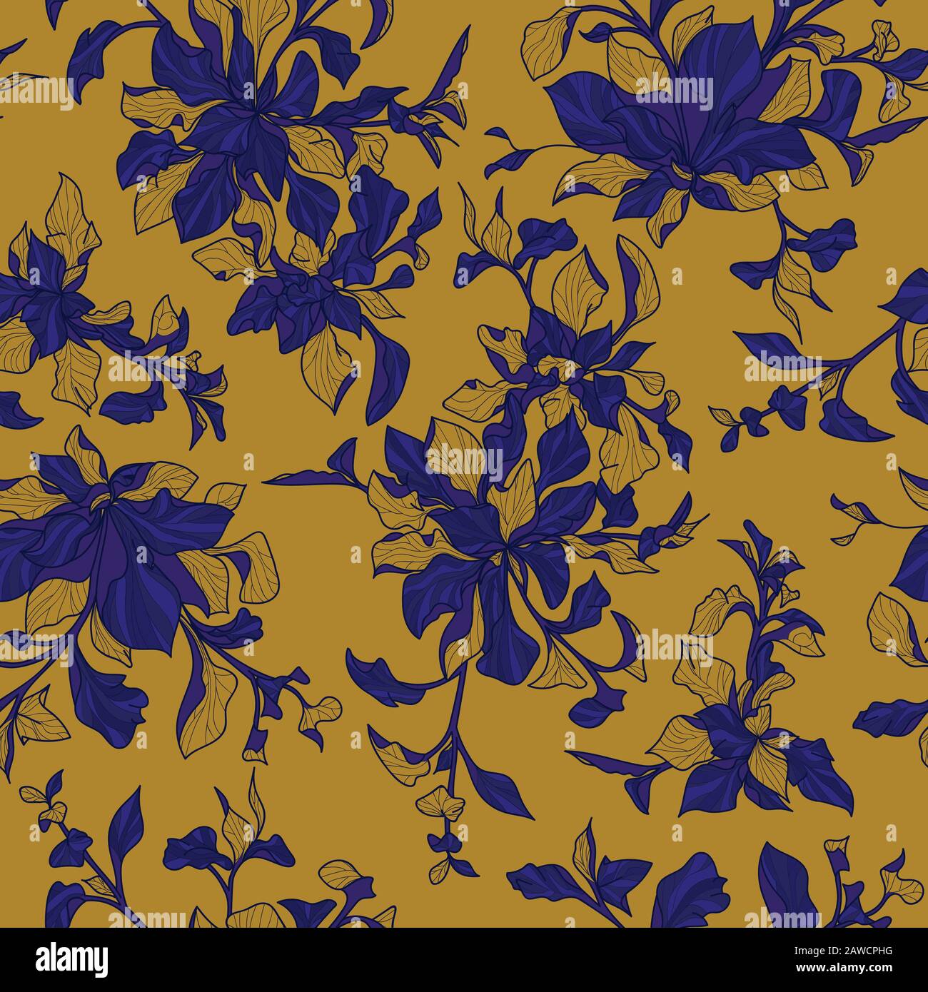 Blue leaves seamless repeating pattern with yellow background Stock ...